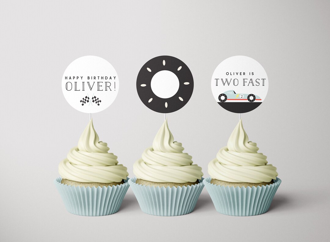 Race Car Cupcake Toppers, Vintage Race Car Topper, Two Fast Cupcake ...