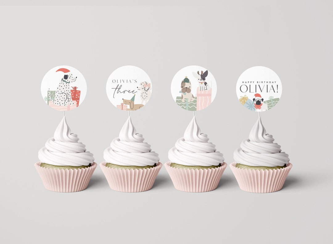 Dog Birthday Cupcake Toppers, Santa Dog Birthday Party, Winter Birthday ...