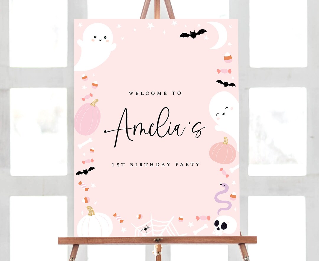 Pink Ghost Birthday Welcome Sign: Spooky Halloween Party (INSTANT ...
