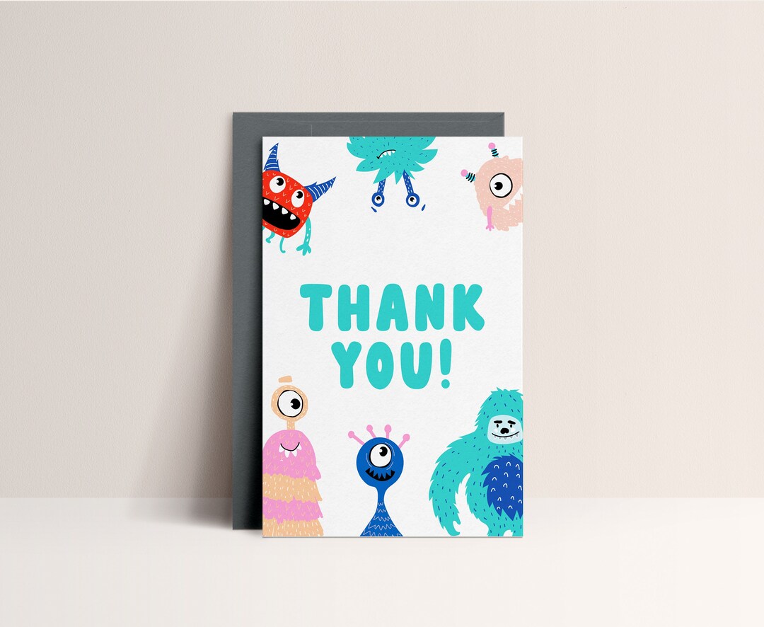 Monster Birthday Thank You Card, Little Monsters Invitation, Modern ...