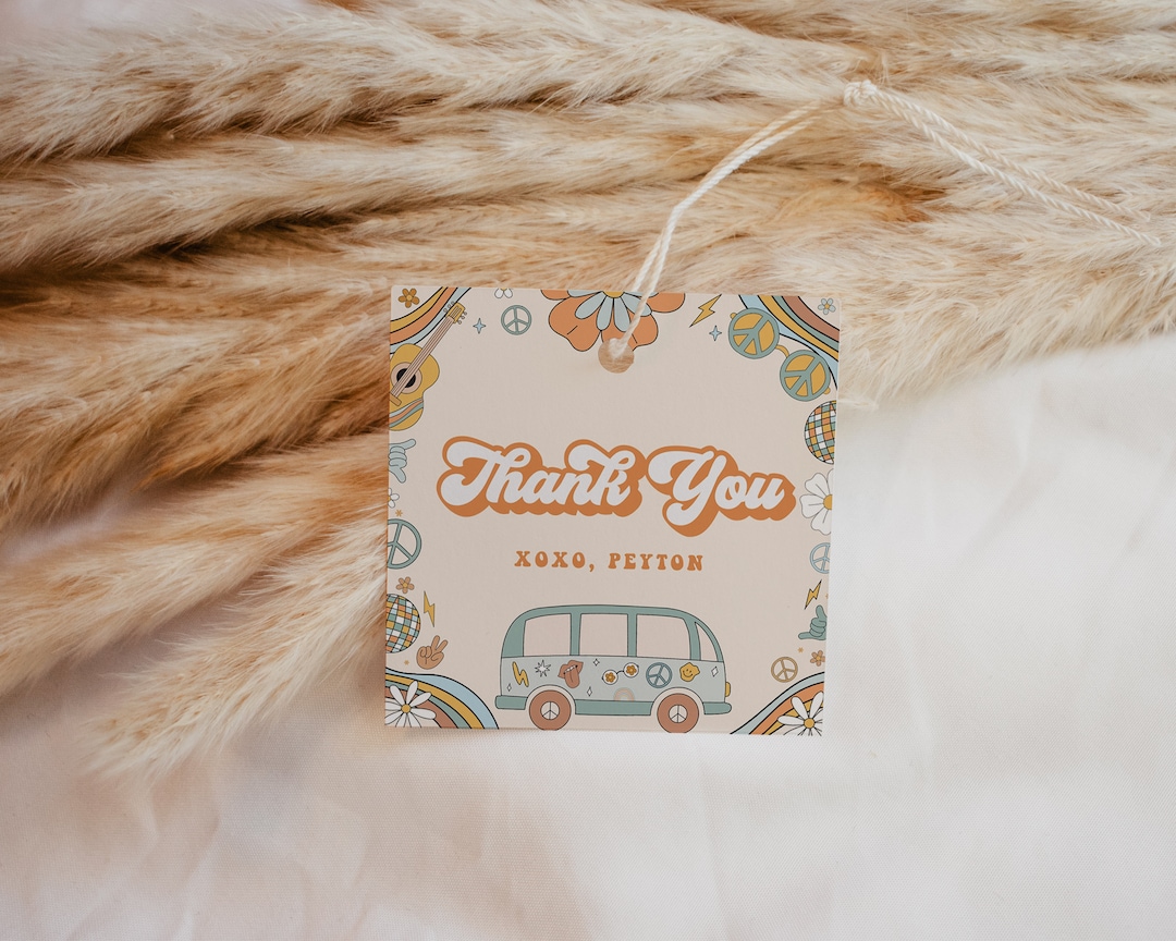 Groovy Favor Tag Template Retro Boy Birthday Festival Party Hippie Vibe ...