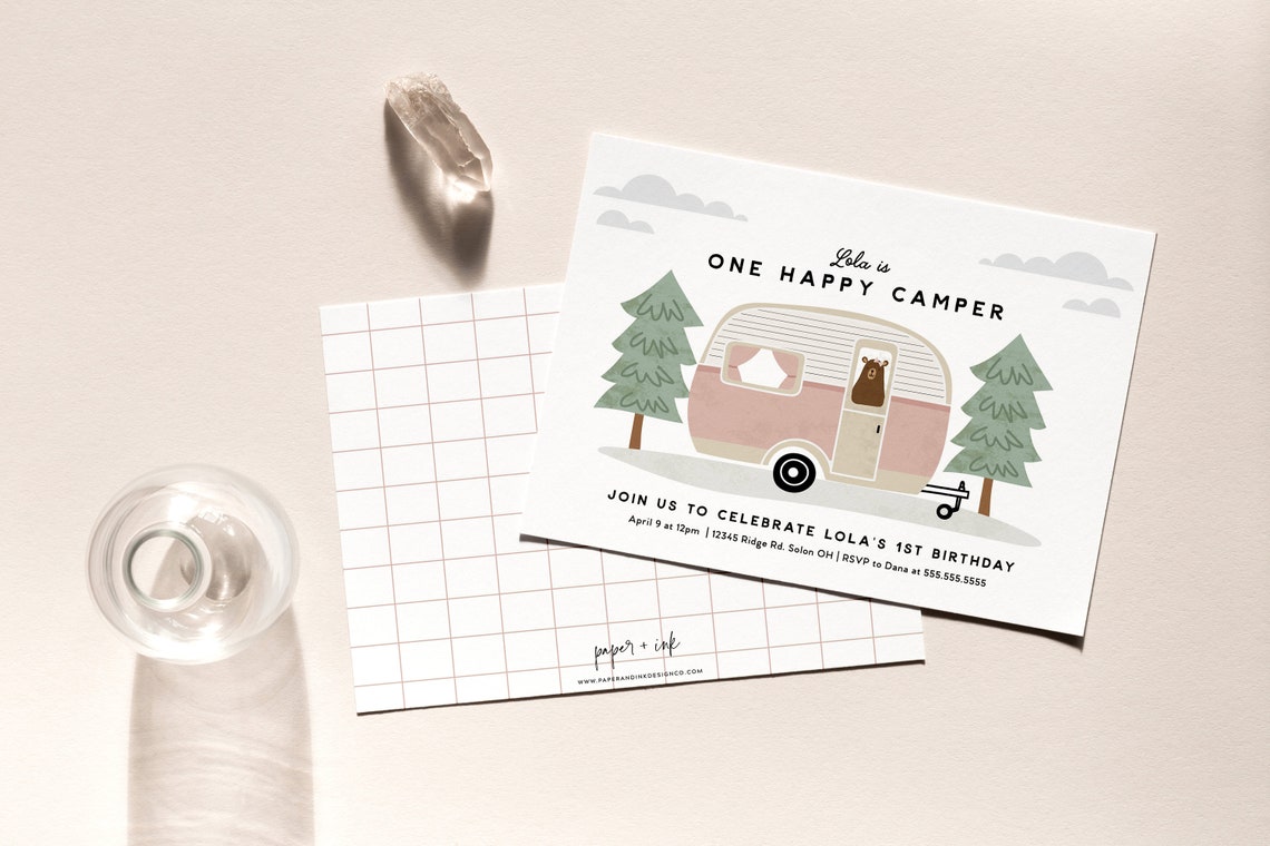 Editable Happy Camper Birthday Invitation Girl One Happy | Etsy
