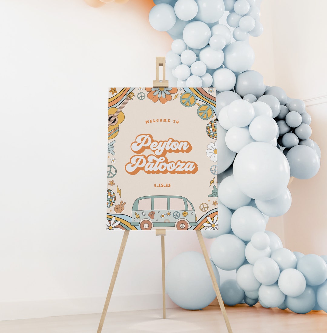 Groovy Birthday Welcome Sign Template Retro Boy Birthday Festival Party ...