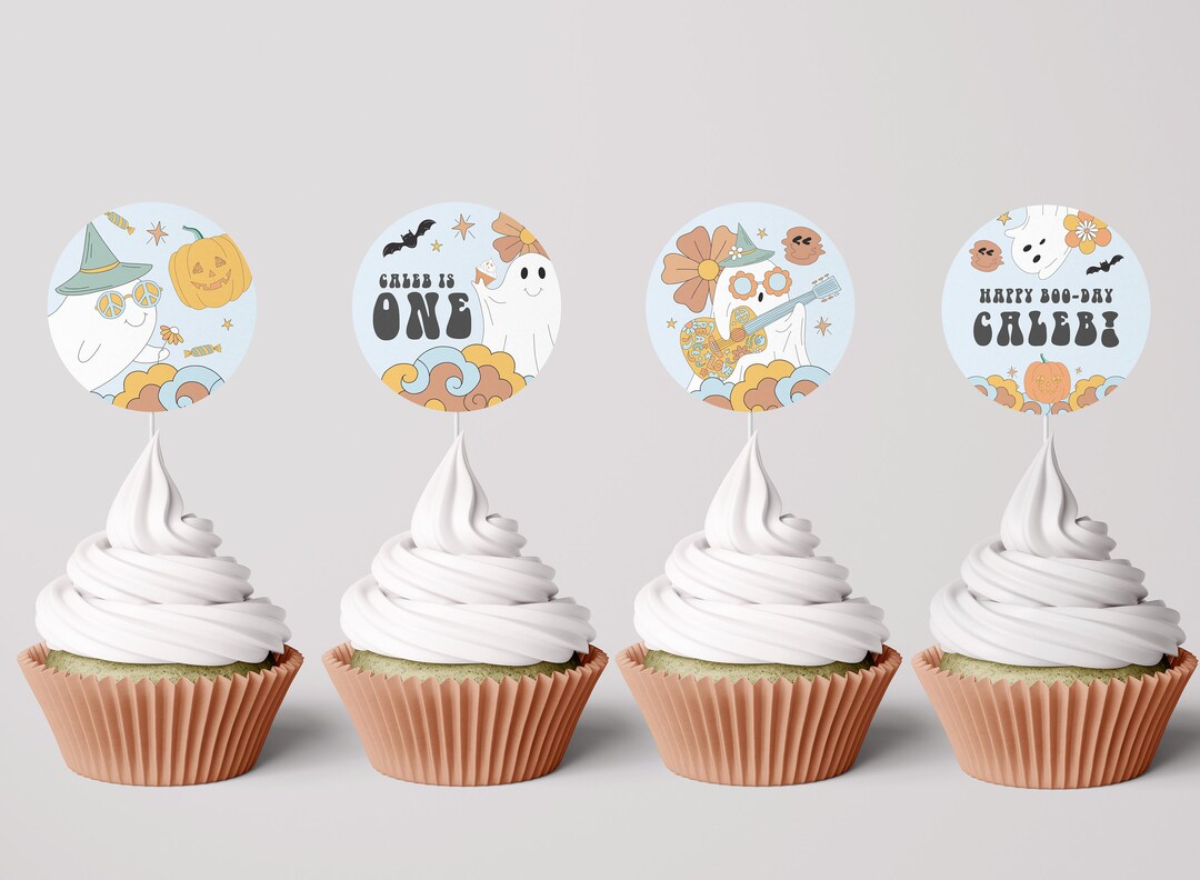 Retro Halloween Birthday Cupcake Toppers, Boy Retro Halloween Spooky ...