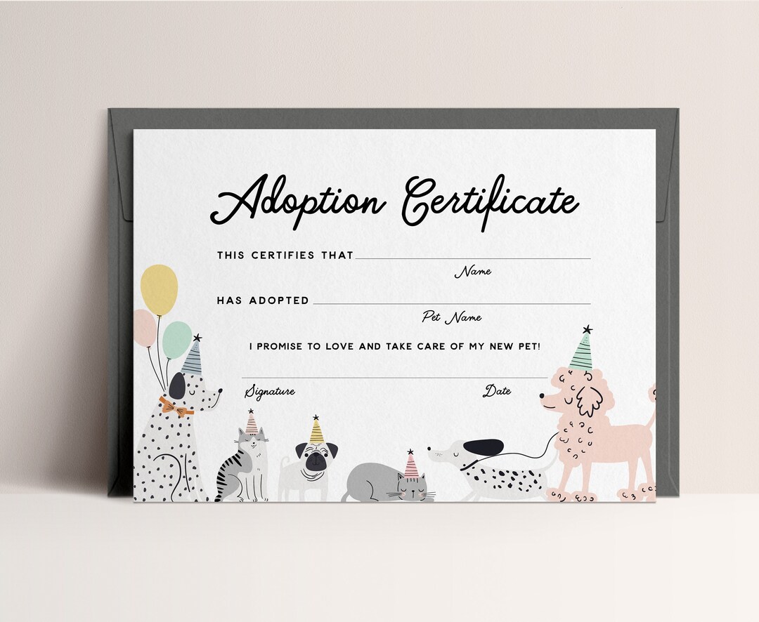 Pet Adoption Certificate: Dog & Cat Party Keepsake (instant Download ...