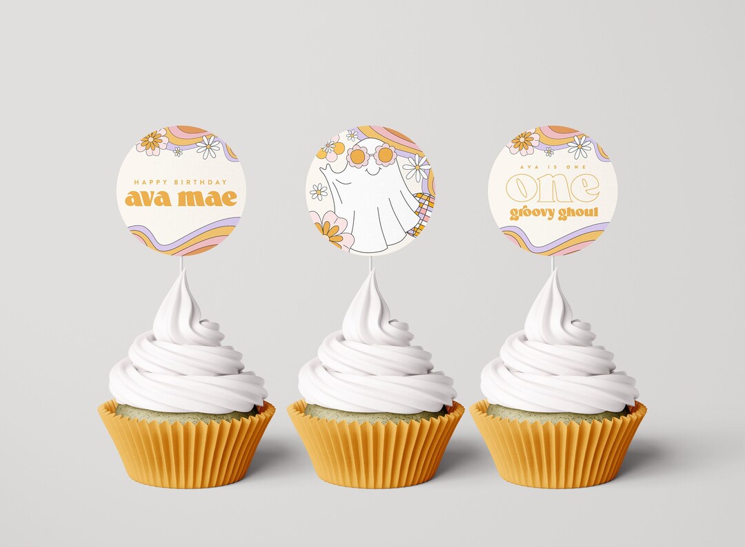 Groovy Ghost Birthday Cupcake Toppers: Retro Halloween Party (editable ...