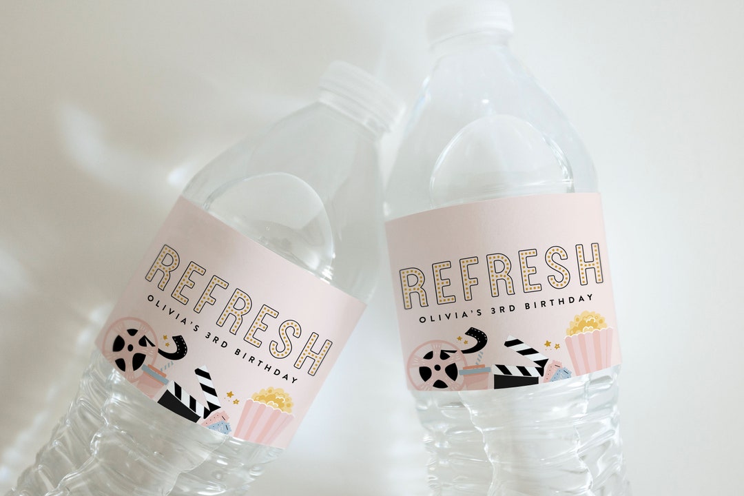 Movie Party Water Bottle Label, Movie Night Birthday, Editable Digital ...