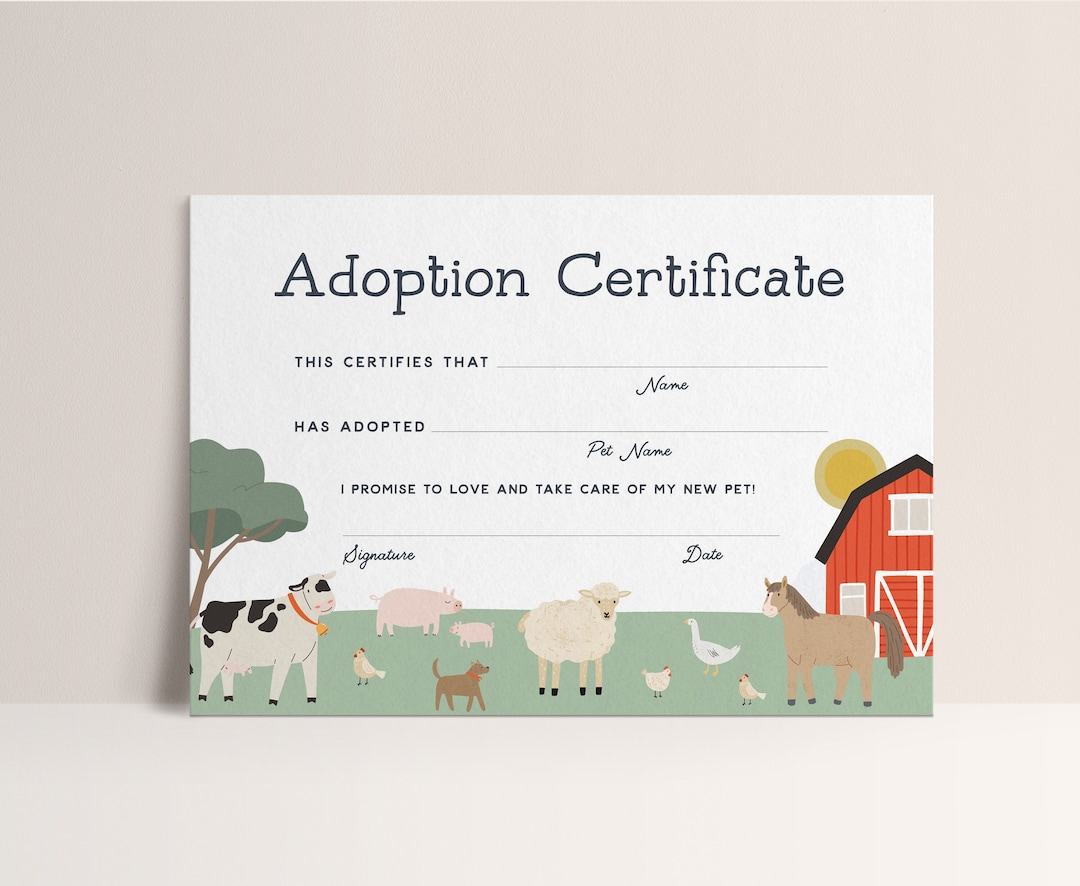 Farm Animals Adoption Certificate, Farm Birthday Pet Adoption | Instant ...