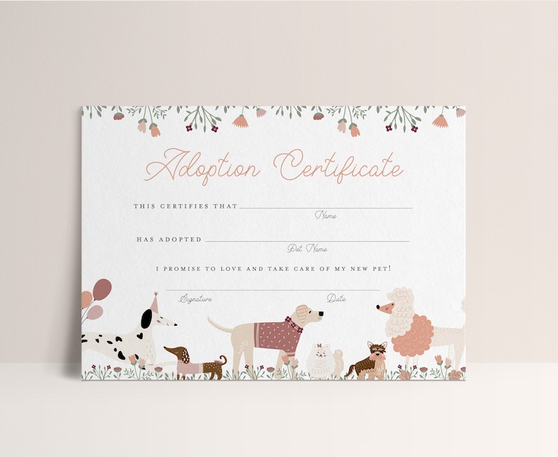 Dog Adoption Certificate Puppy Party Girl Dog Birthday Pet - Etsy