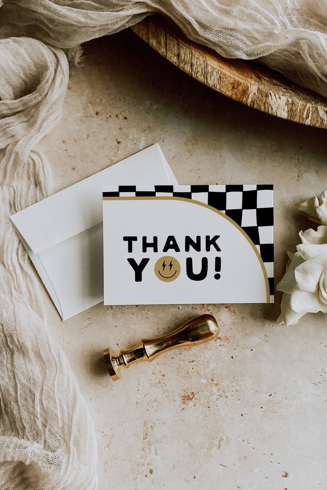 Smiley Face Checkered Thank You Card Template (digital Download) - Etsy