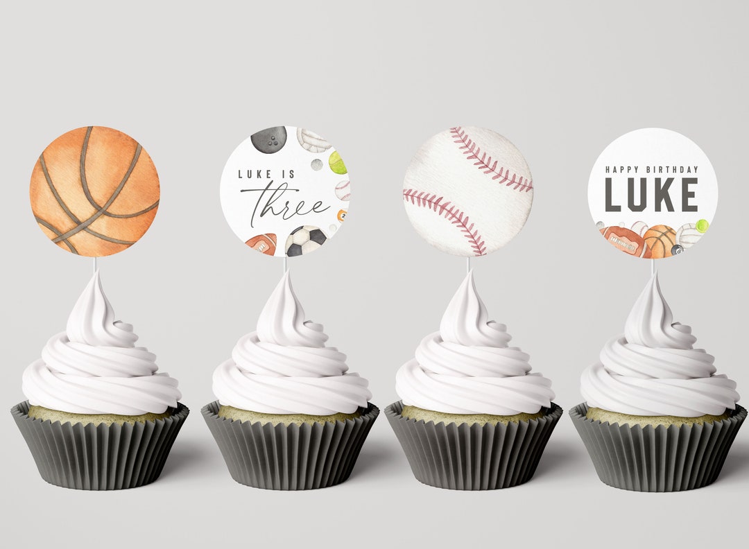 Sports Balls Cupcake Toppers, Sports Birthday Toppers, Basketball ...