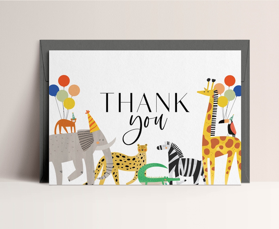 Party Animals Thank You Card Template, Safari, Elephant, Jungle Animals ...