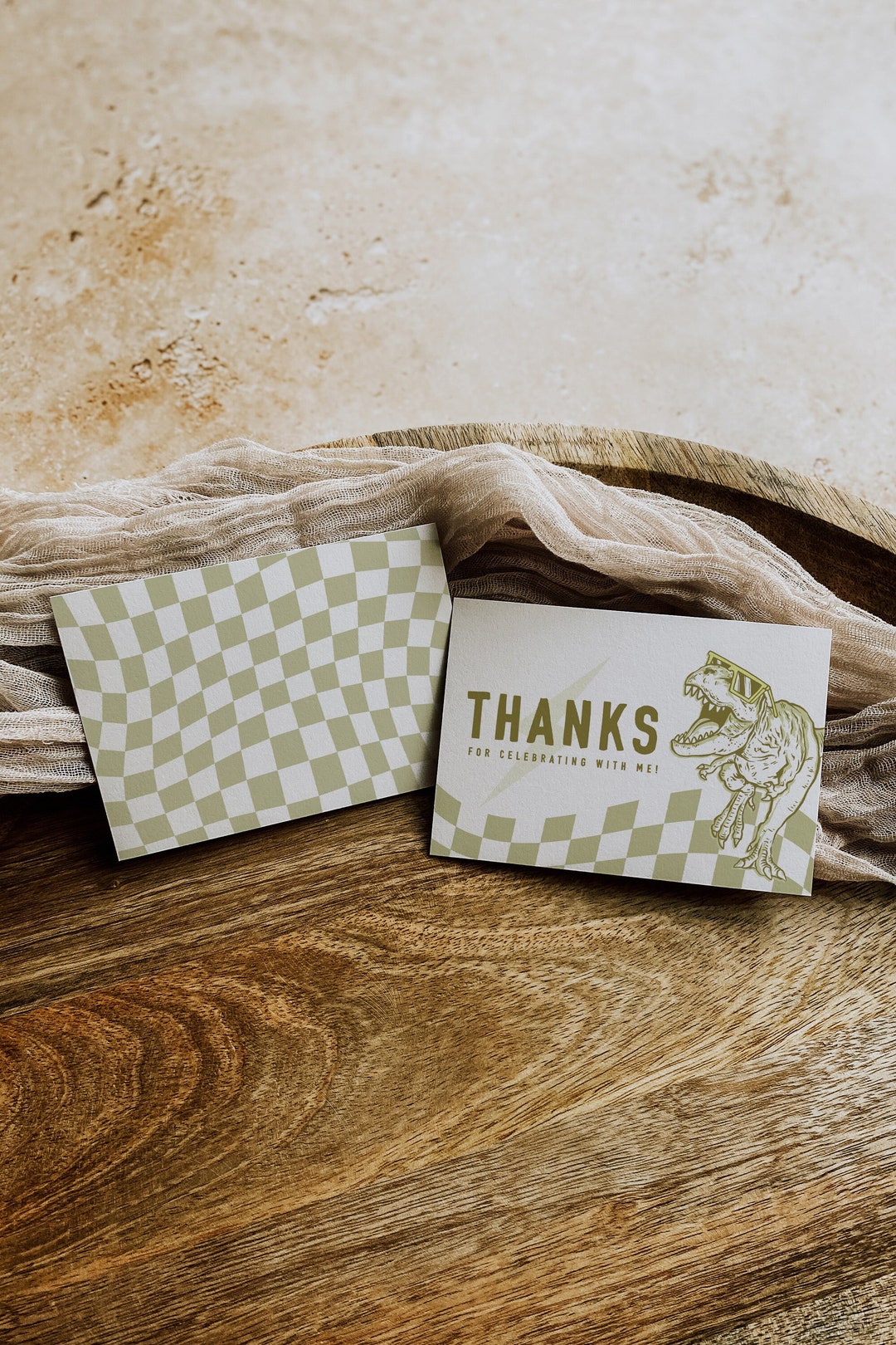 Retro T-rex Dinosaur Thank You Card: Checkered Birthday (digital ...