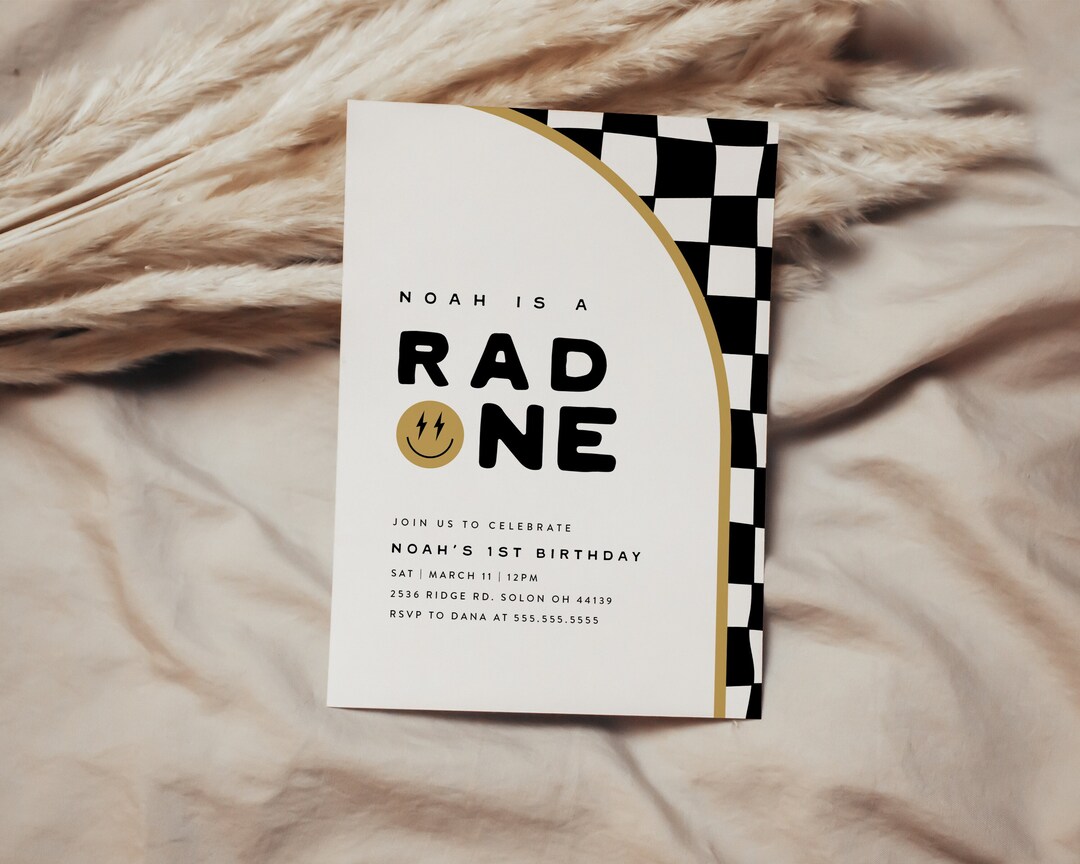 Rad One Birthday Invitation Template: Checkered Retro Smiley (digital ...