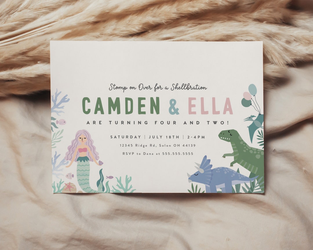 Dinosaur & Mermaid Birthday Invitation: Sibling Joint Party (digital ...