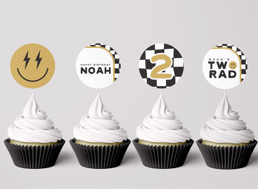 Editable Smiley Face Checkered Cupcake Toppers Sticker Template ANY AGE ...