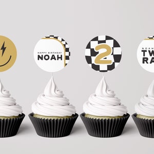 Editable Smiley Face Checkered Cupcake Toppers Sticker Template ANY AGE ...