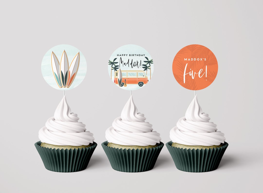 Modern Surf Birthday Cupcake Toppers, Surfing Birthday, Surf's Up ...