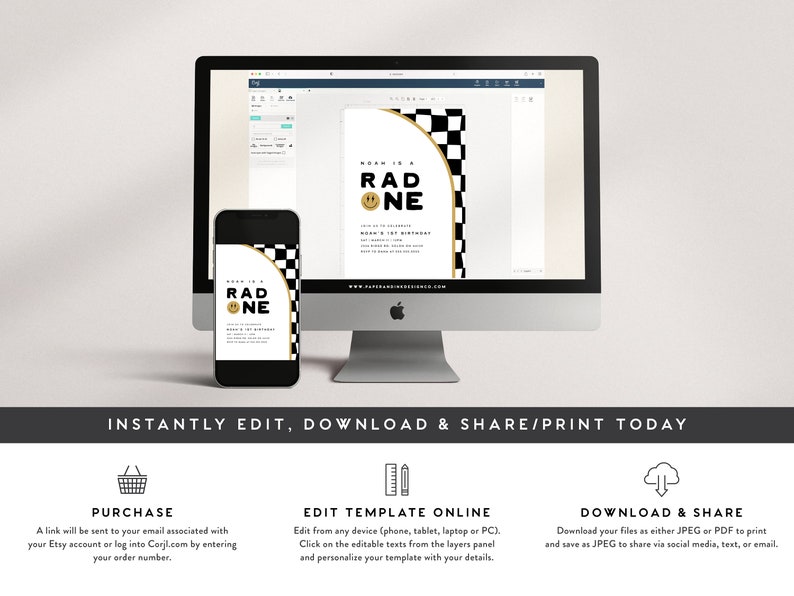 Rad One Birthday Invitation Template: Checkered Retro Smiley (digital ...