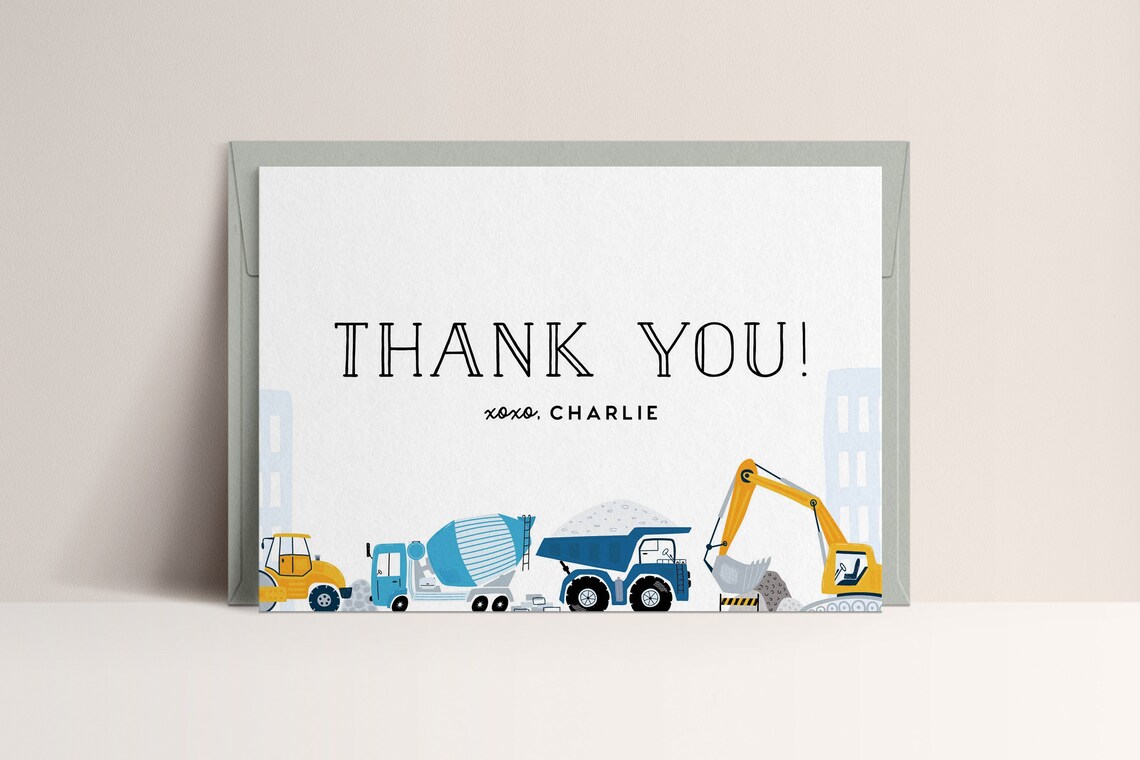Construction Trucks Thank You Card: Birthday Party (instant Download ...