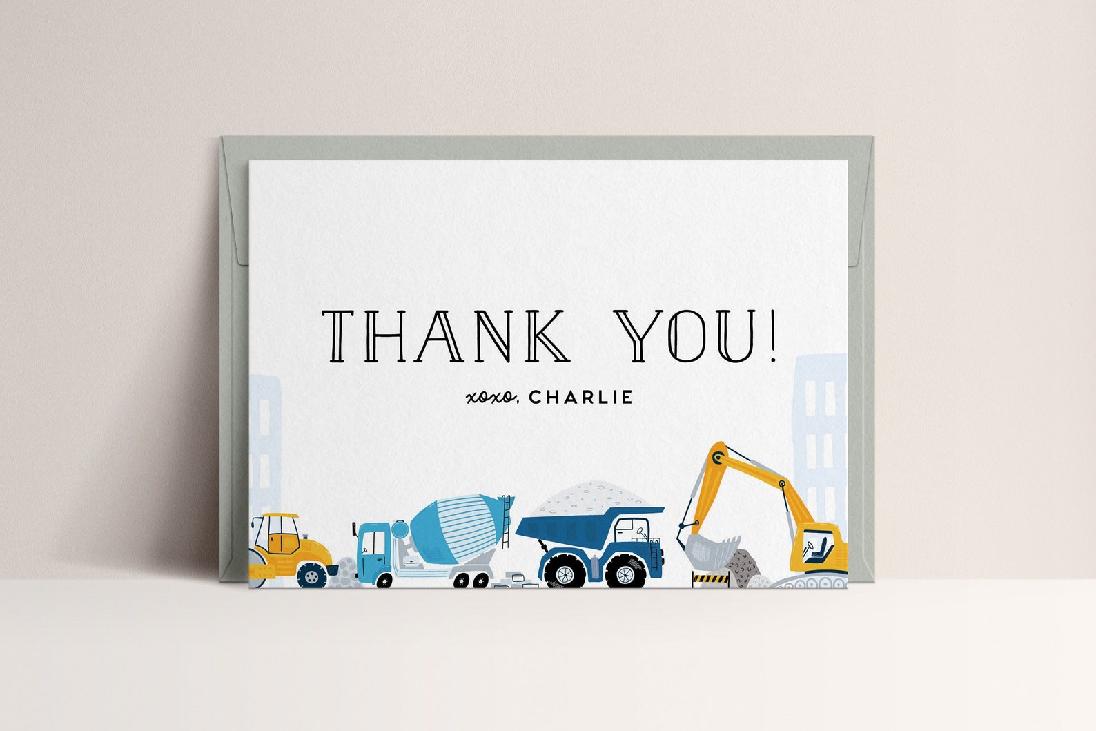 Construction Trucks Thank You Card Template Construction Site - Etsy