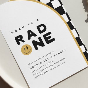 Rad One Birthday Invitation Template: Checkered Retro Smiley (digital ...