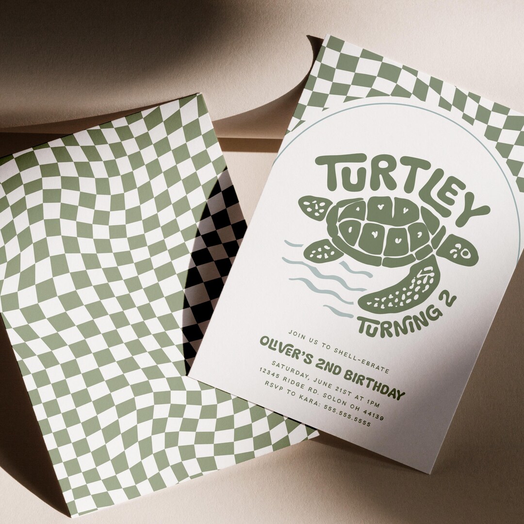 Turtle 2nd Birthday Invitation: Retro Pool Party (editable Template) - Etsy