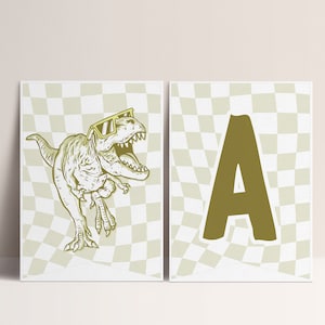 Editable Dinosaur Gable Label, Retro T Rex Checkered Birthday Party ...