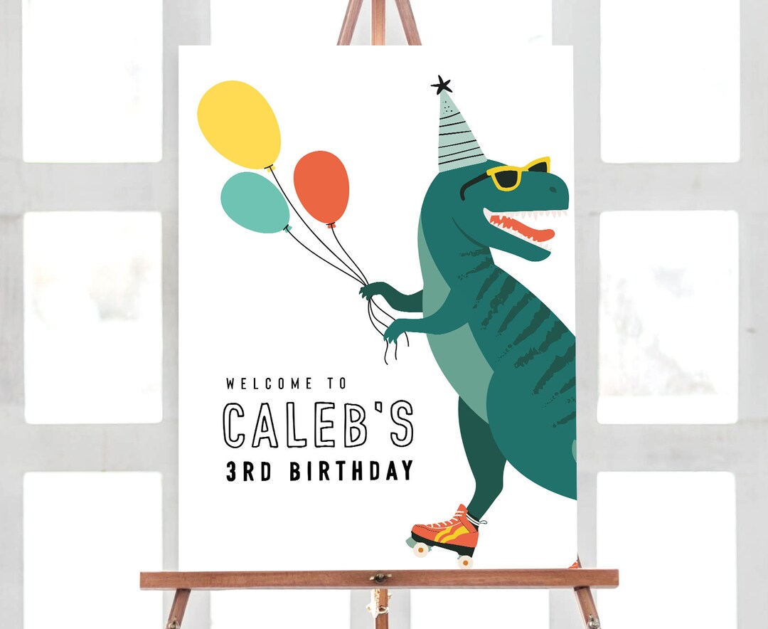 Editable Three Rex Birthday Welcome Sign, T Rex Dinosaur Sign, Three ...