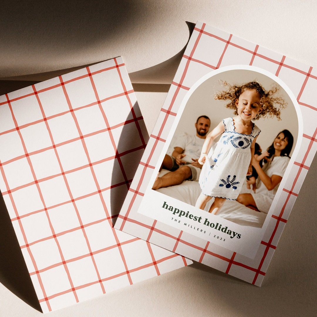 Christmas Photo Card Template, Picture Holiday Card, Modern Plaid ...