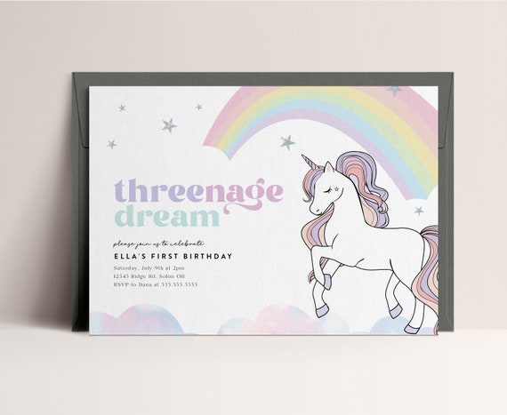 Unicorn Third Birthday Invitation Threenage Dream Three | Etsy