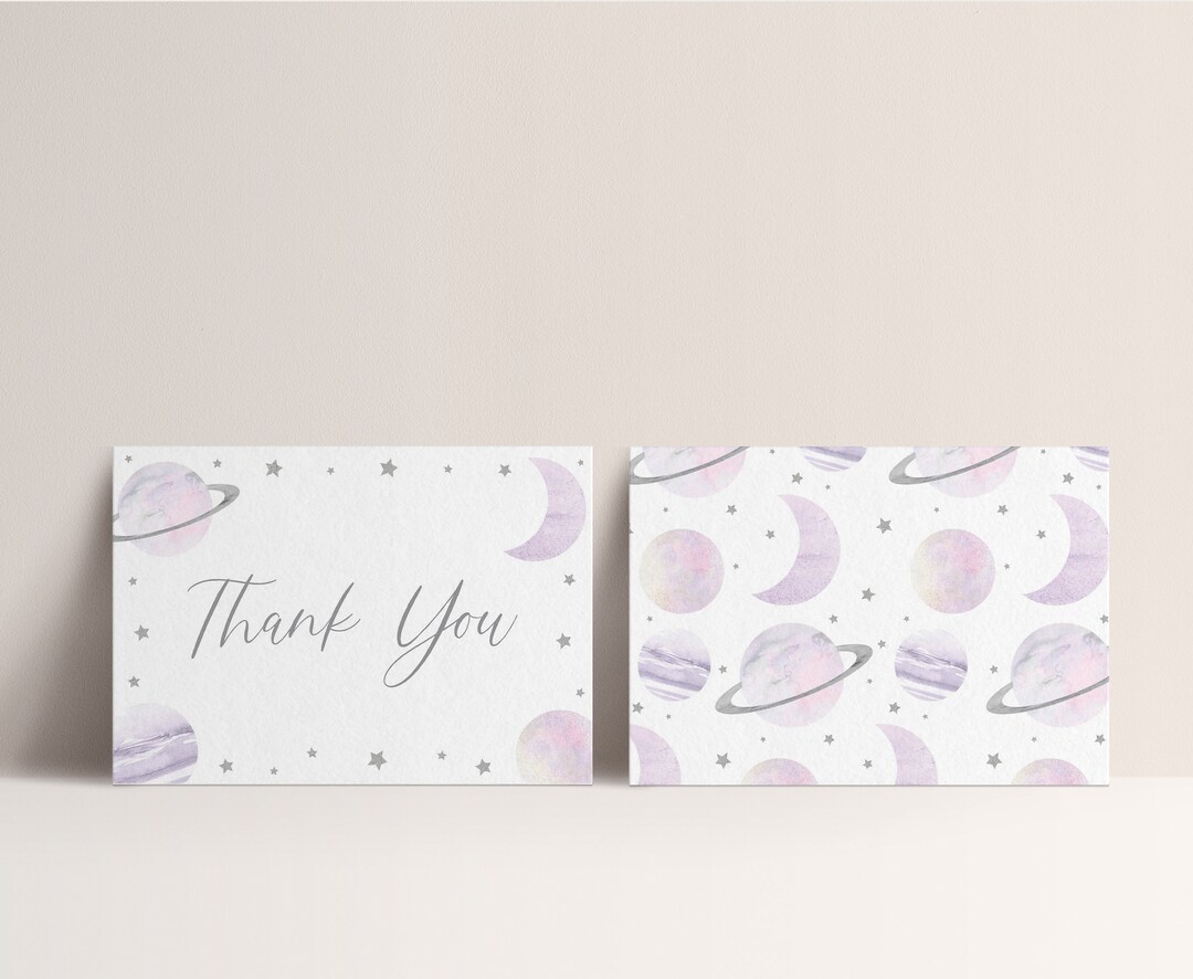 Space Birthday Thank You Card, Girl Space Birthday, Galaxy, Moon, Thank ...