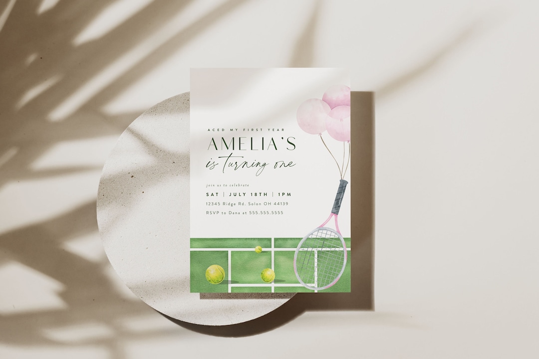 Tennis Birthday Invitation, Tennis Ball Invitation, Pink Watercolor ...