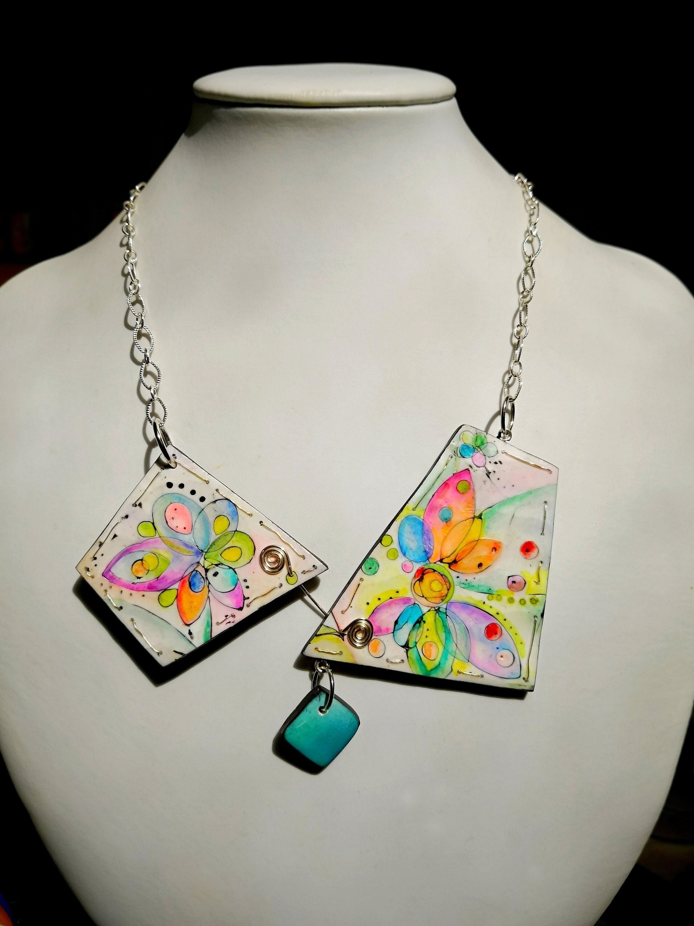 Polymer Clay Necklace, "stitched With Silver Wire", Unique, Handmade ...