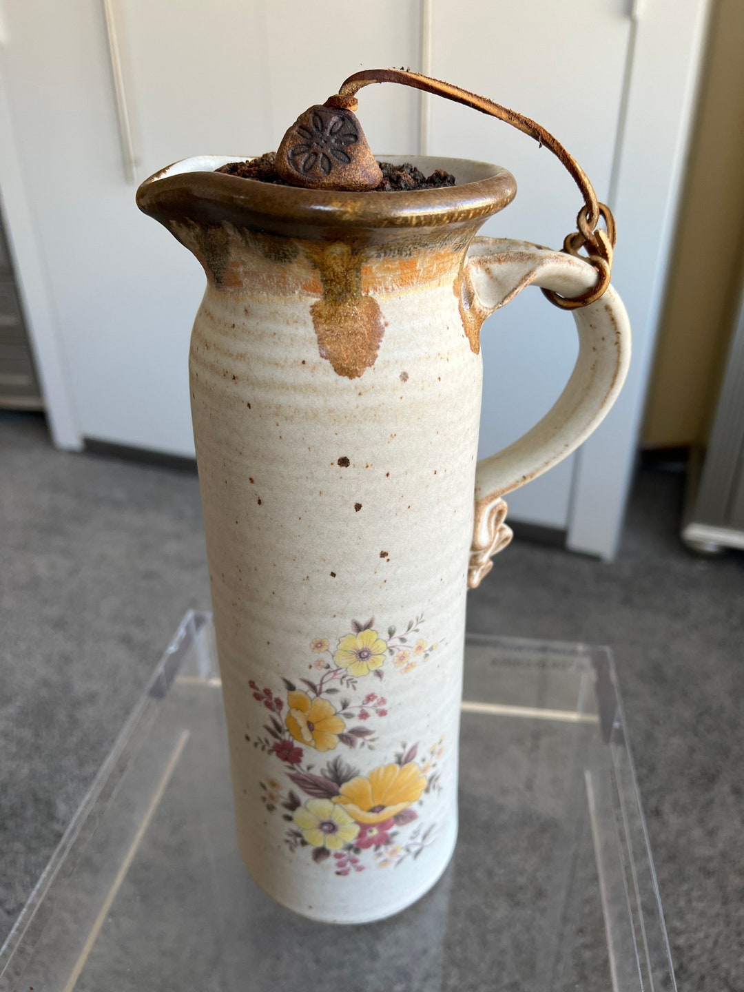 Handmade Pottery Jug With Cork Lid. Floral Detail - Etsy