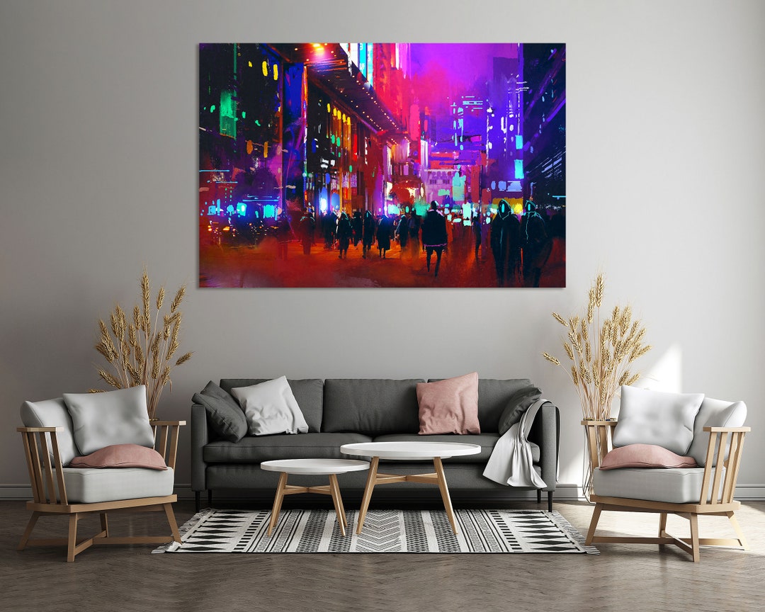 Colorful City at Night Illustration Print on Canvas, Colorful Decor for ...