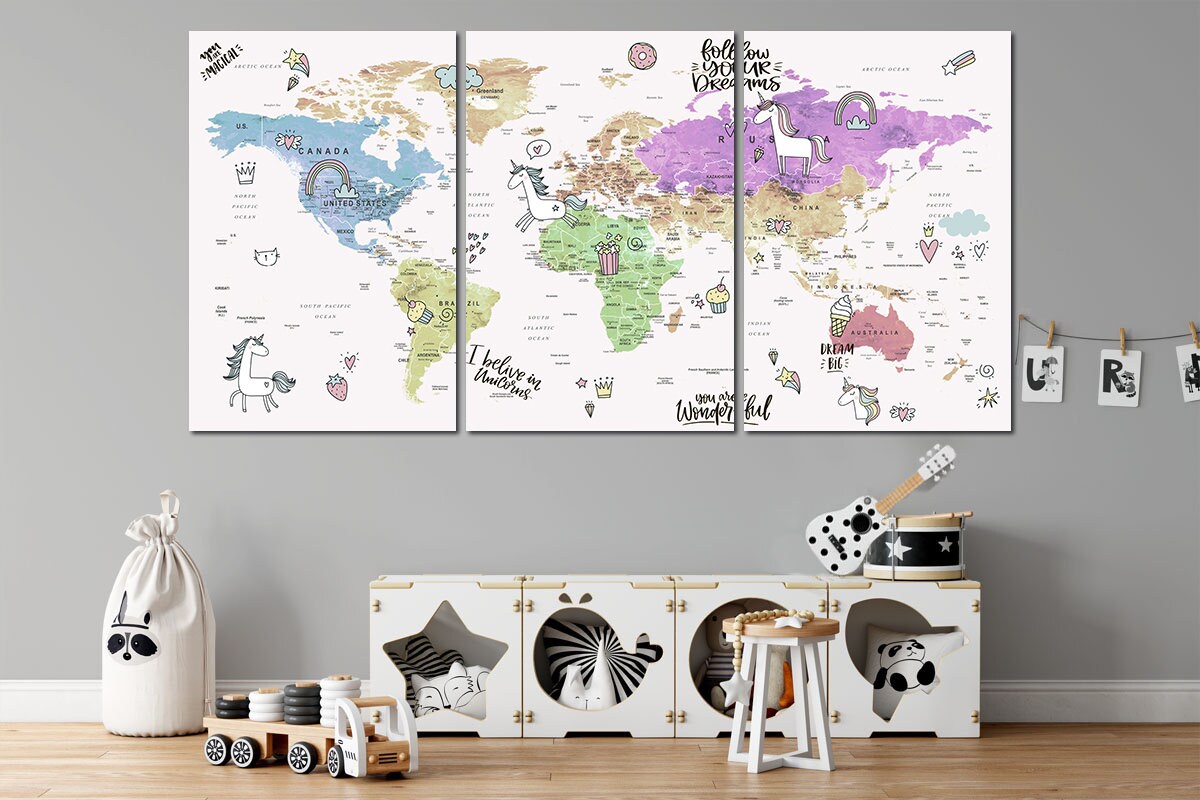 Cute Unicorns World Map for Kids Nursery World Map for Kids | Etsy