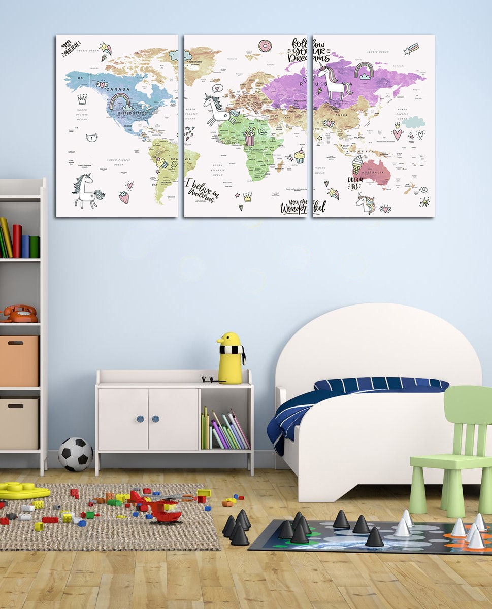 Cute Unicorns World Map for Kids Nursery World Map for Kids | Etsy