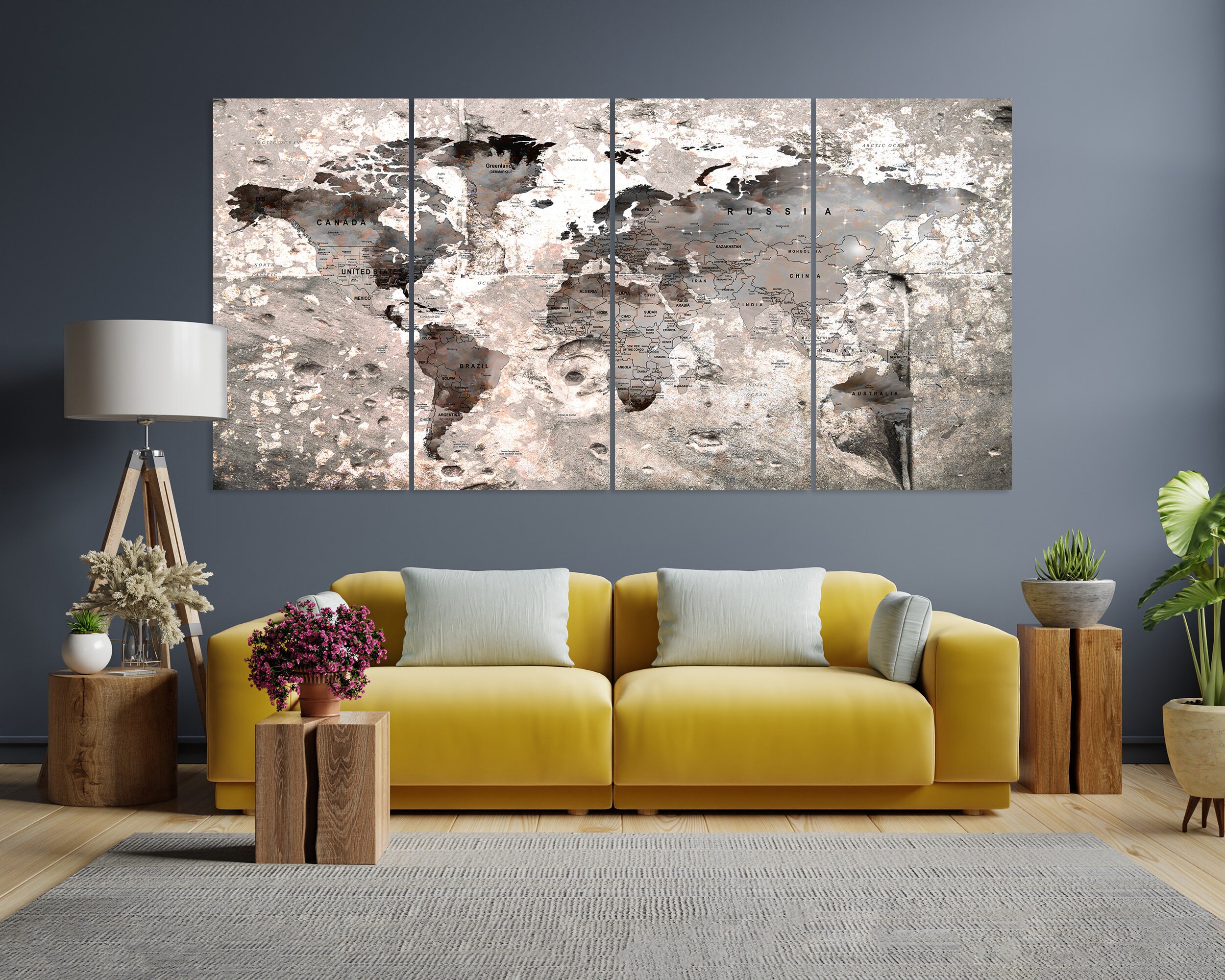 Stylish World Map on Stone Background, Travel World Map Wall Decor for ...