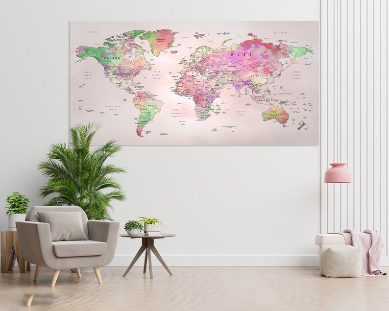 Pastel World Map Decor Colorful Map of the World Wall Art - Etsy