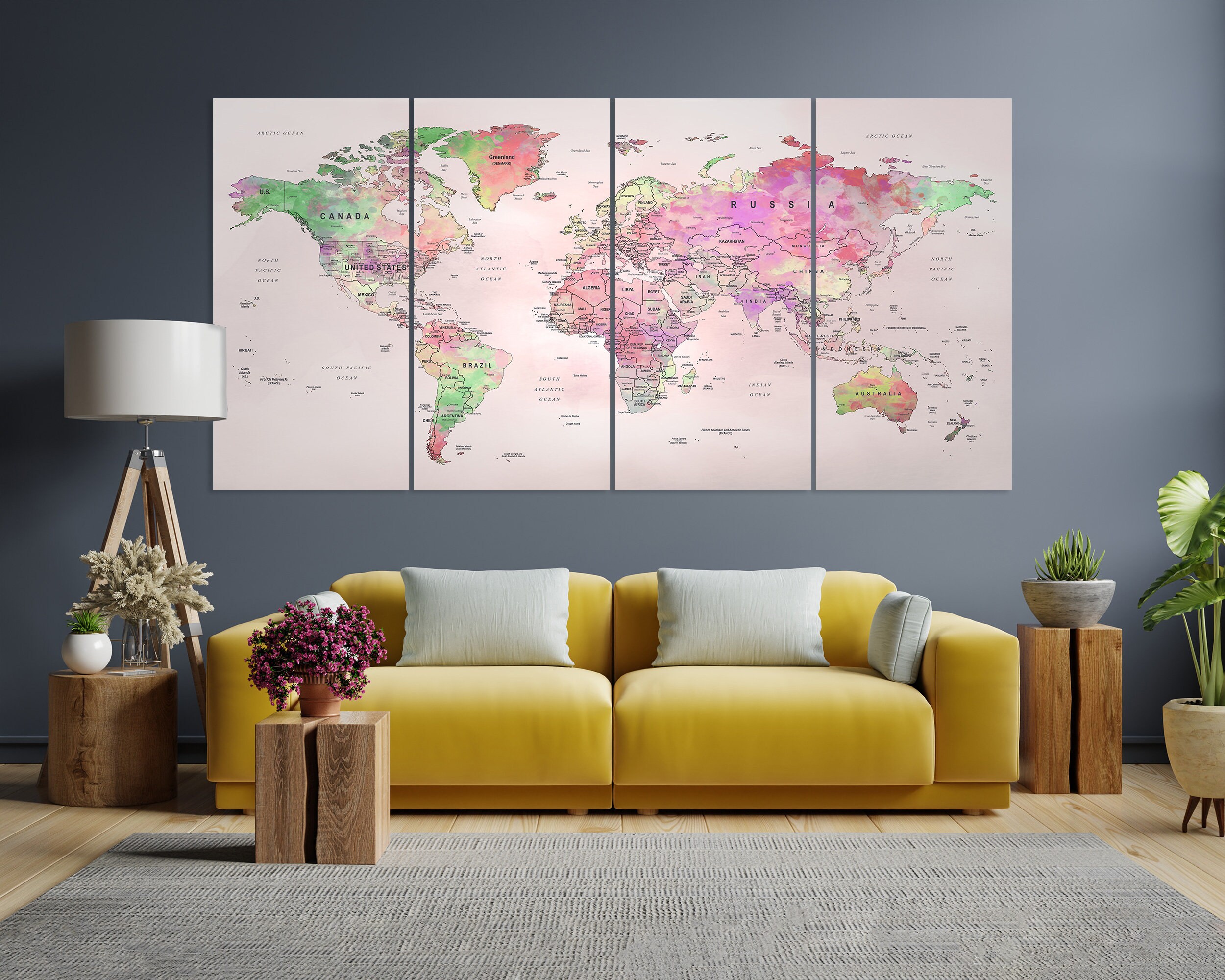 Pastel World Map Decor Colorful Map of the World Wall Art - Etsy