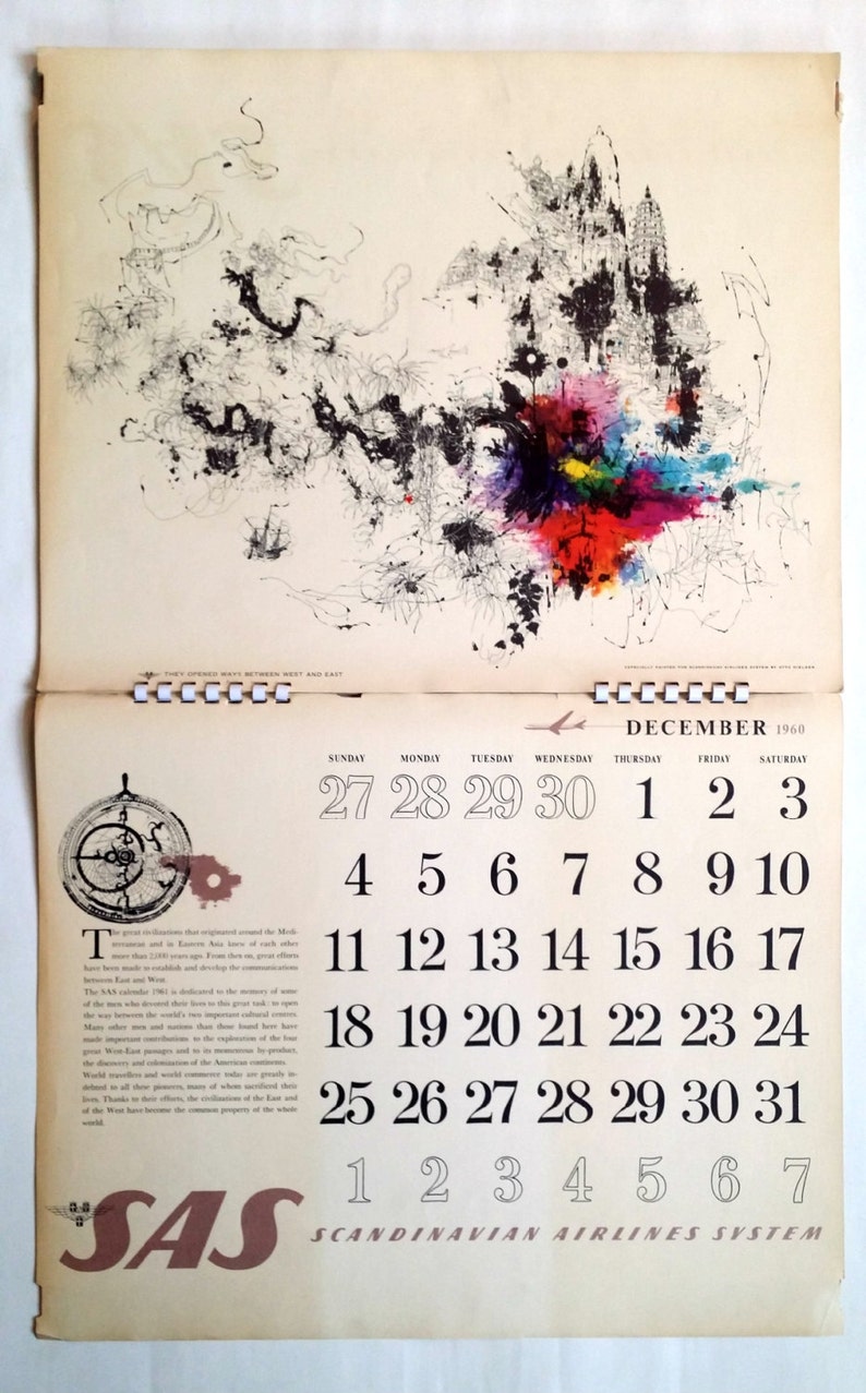 1961 SAS Airlines Calendar by Otto Nielsen Original Vintage - Etsy