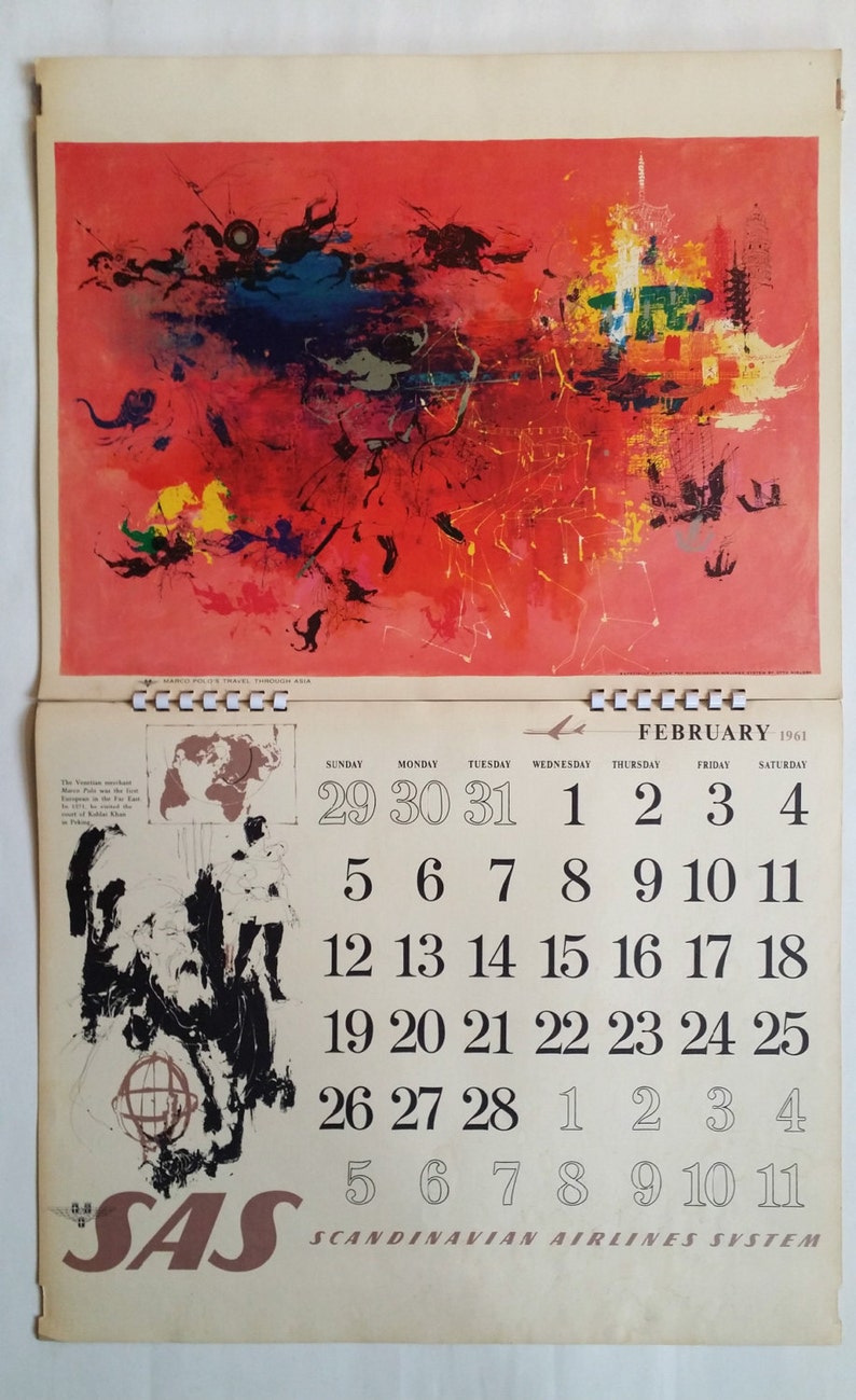 1961 SAS Airlines Calendar by Otto Nielsen Original Vintage - Etsy