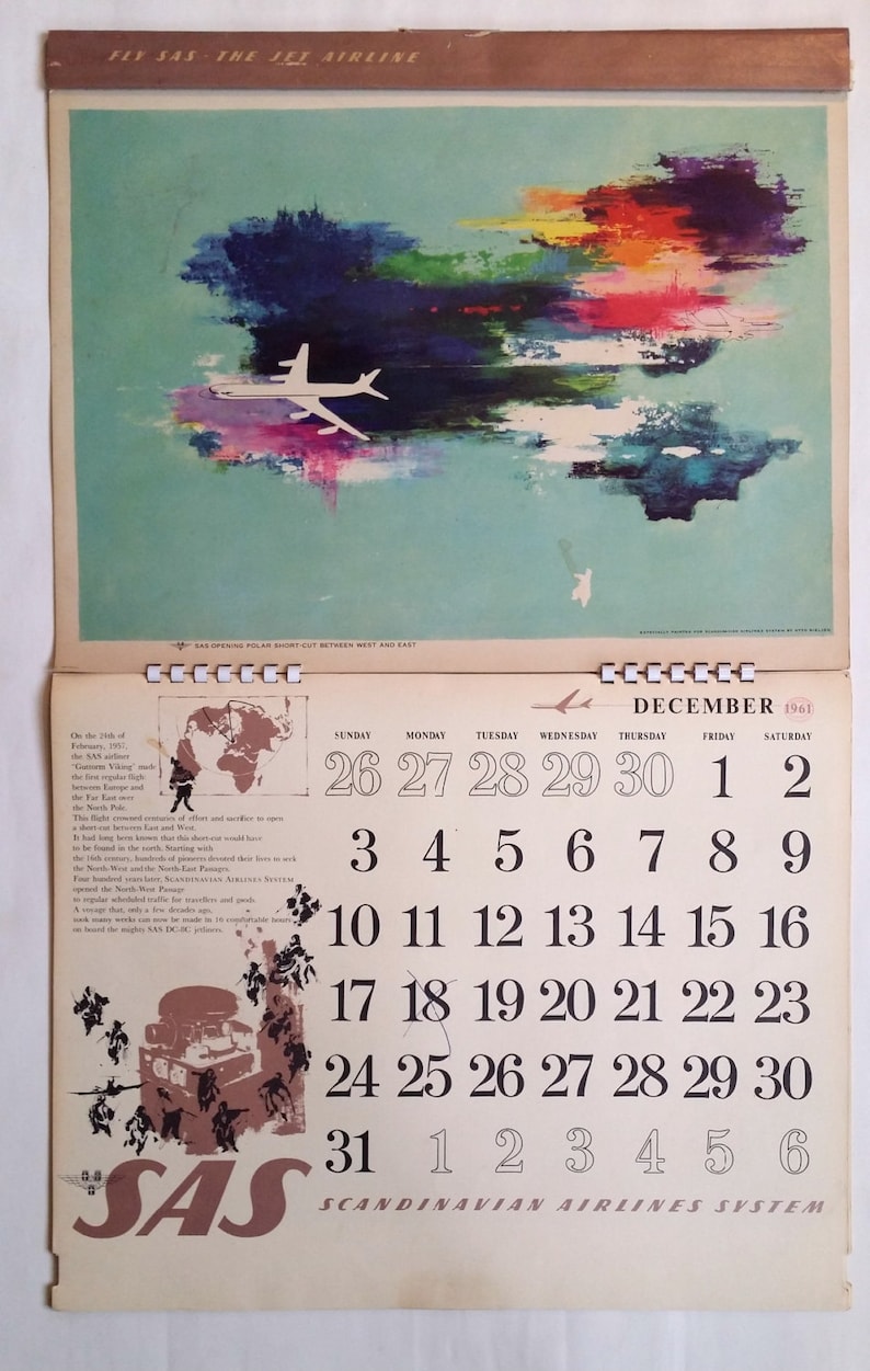 1961 SAS Airlines Calendar by Otto Nielsen Original Vintage - Etsy