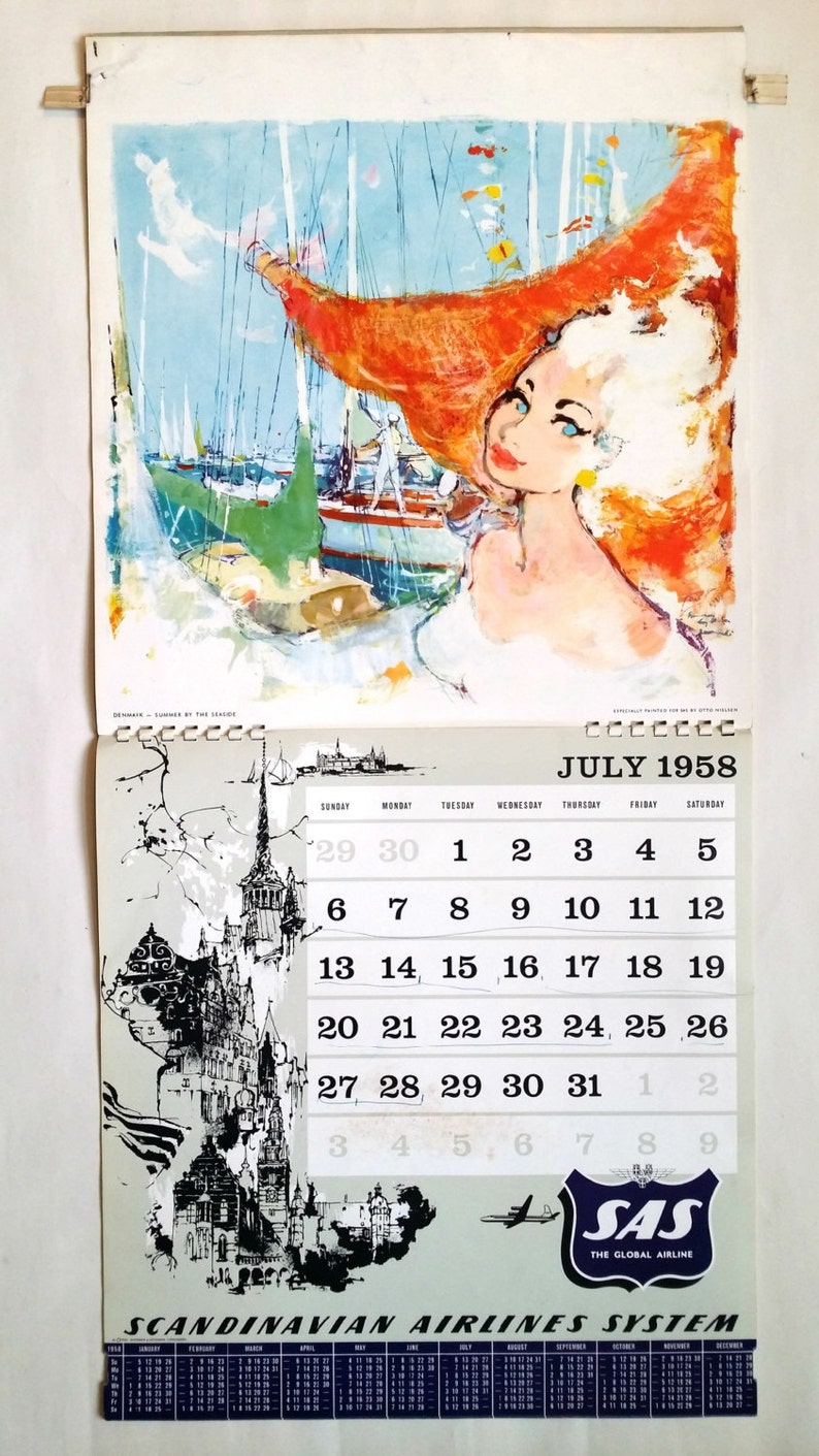 1958 Otto Nielsen SAS Airlines Calendar - Original Vintage Calendar ...