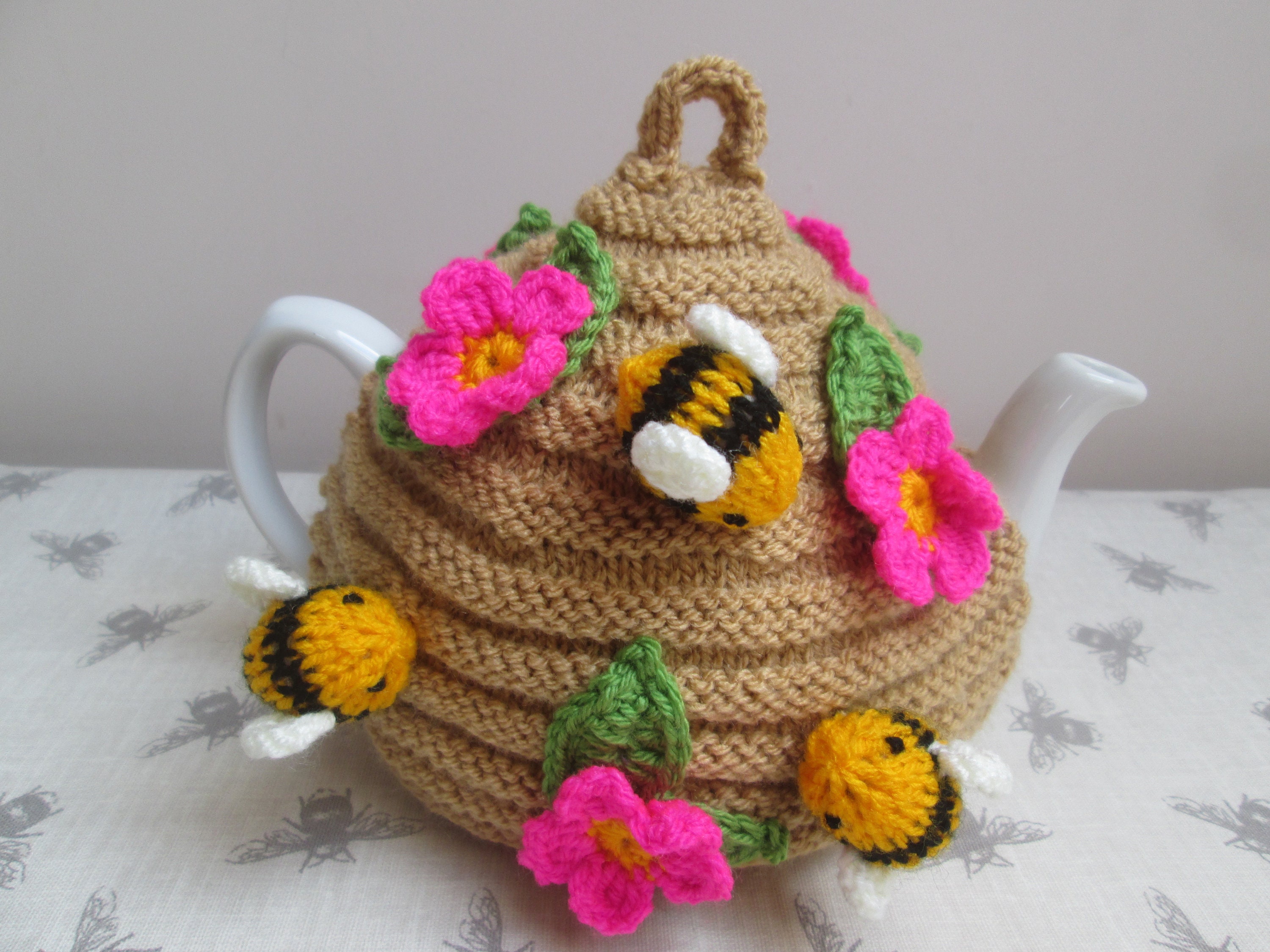 Hand Knitted Bee Hive Tea Cosy Cozy With Bumble Bees & Flowers | Etsy UK
