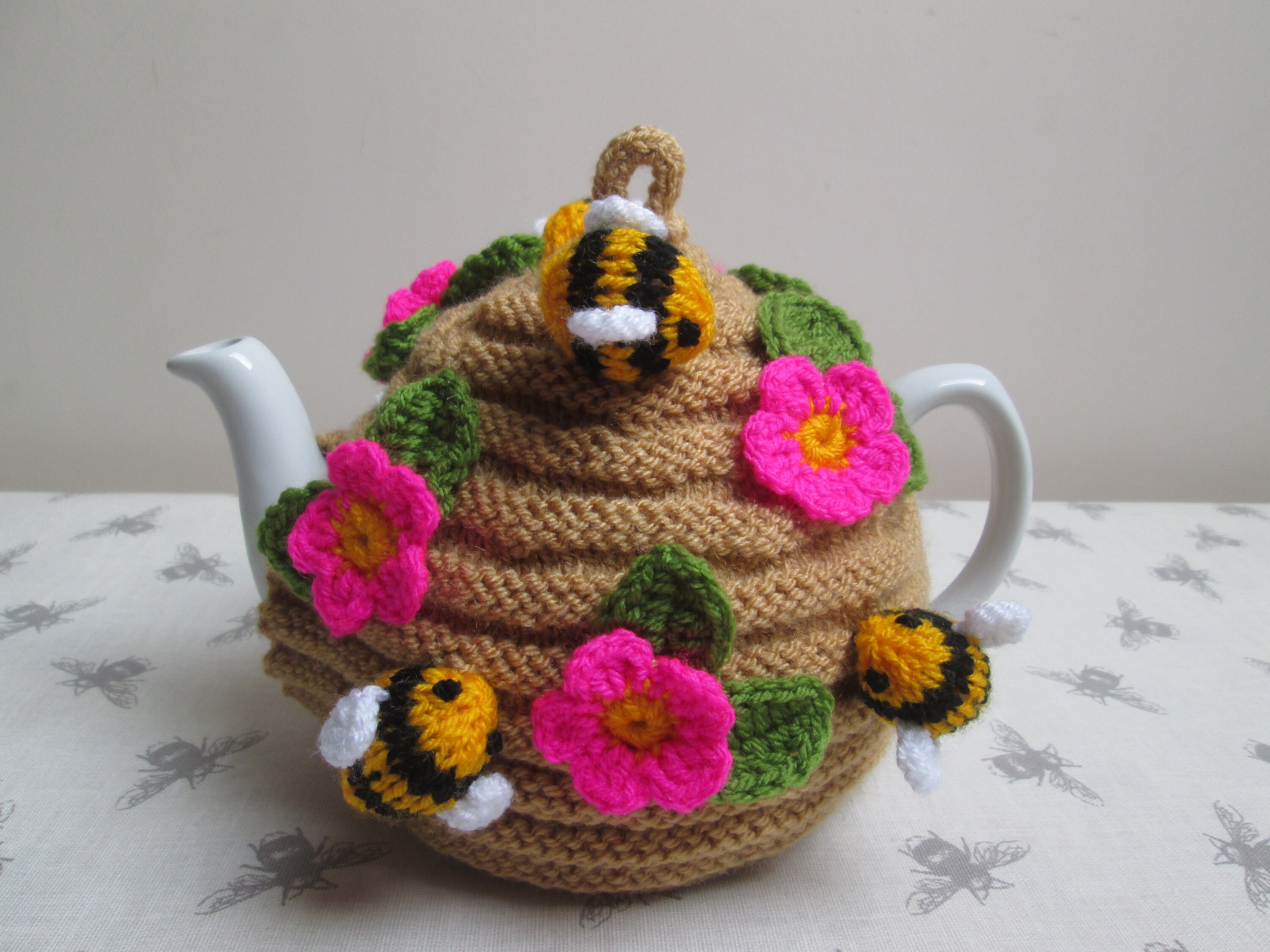 Hand Knitted Bee Hive Tea Cosy Cozy With Bumble Bees & Flowers | Etsy UK
