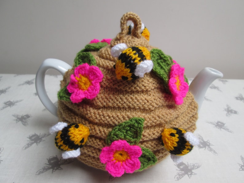 Hand Knitted Bee Hive Tea Cosy Cozy With Bumble Bees & Flowers | Etsy