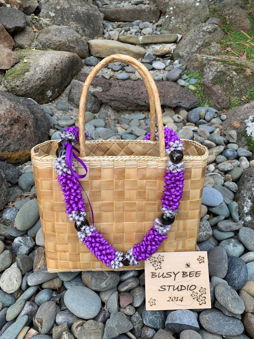 Hawaiian Purple Pikake With Silver Trim and Kukui Nut Ribbon Lei (1 ...