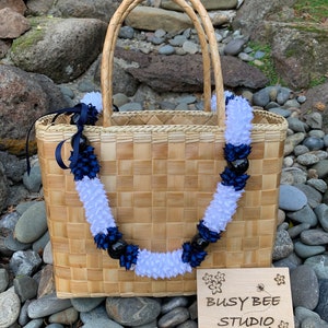 Hawaiian White Pikake With Navy Blue Trim and Kukui Nut Ribbon Lei (1 ...